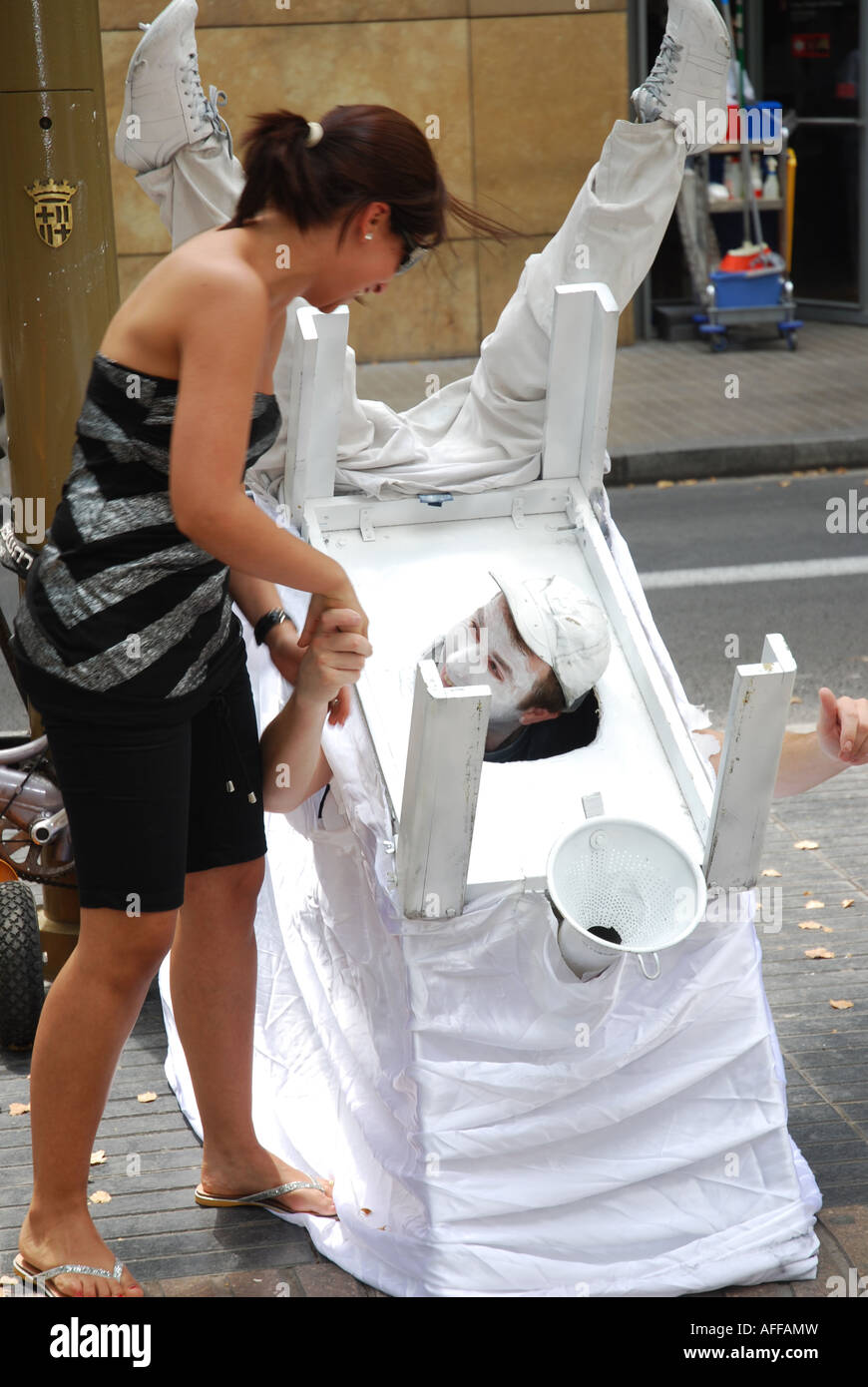 Mime artist performing his routine on Ramblas Barcelona Spain with ...