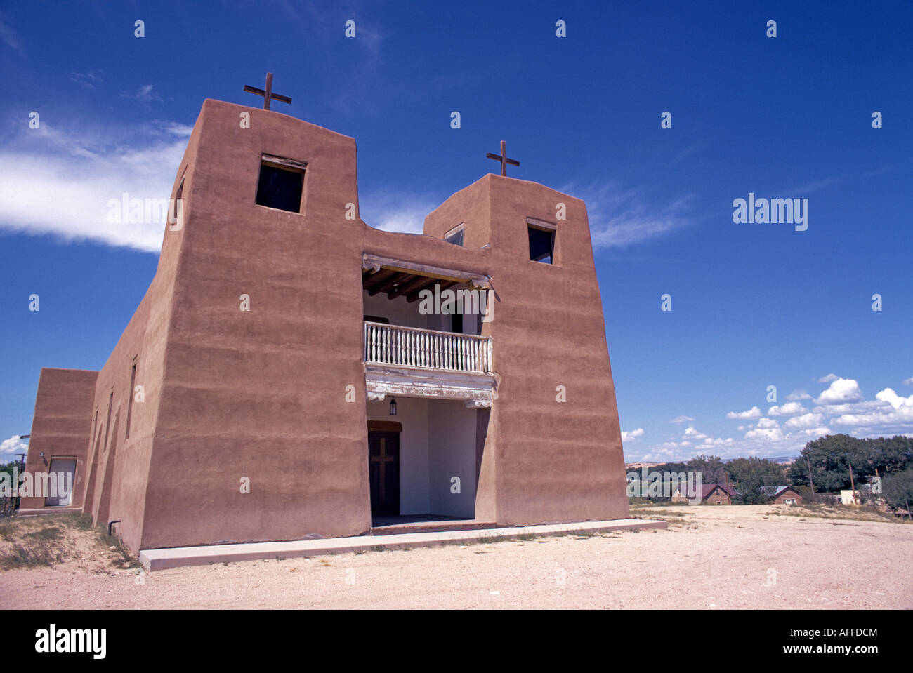 A frontal view of the historic Nambe Church near the Indian pueblo of ...