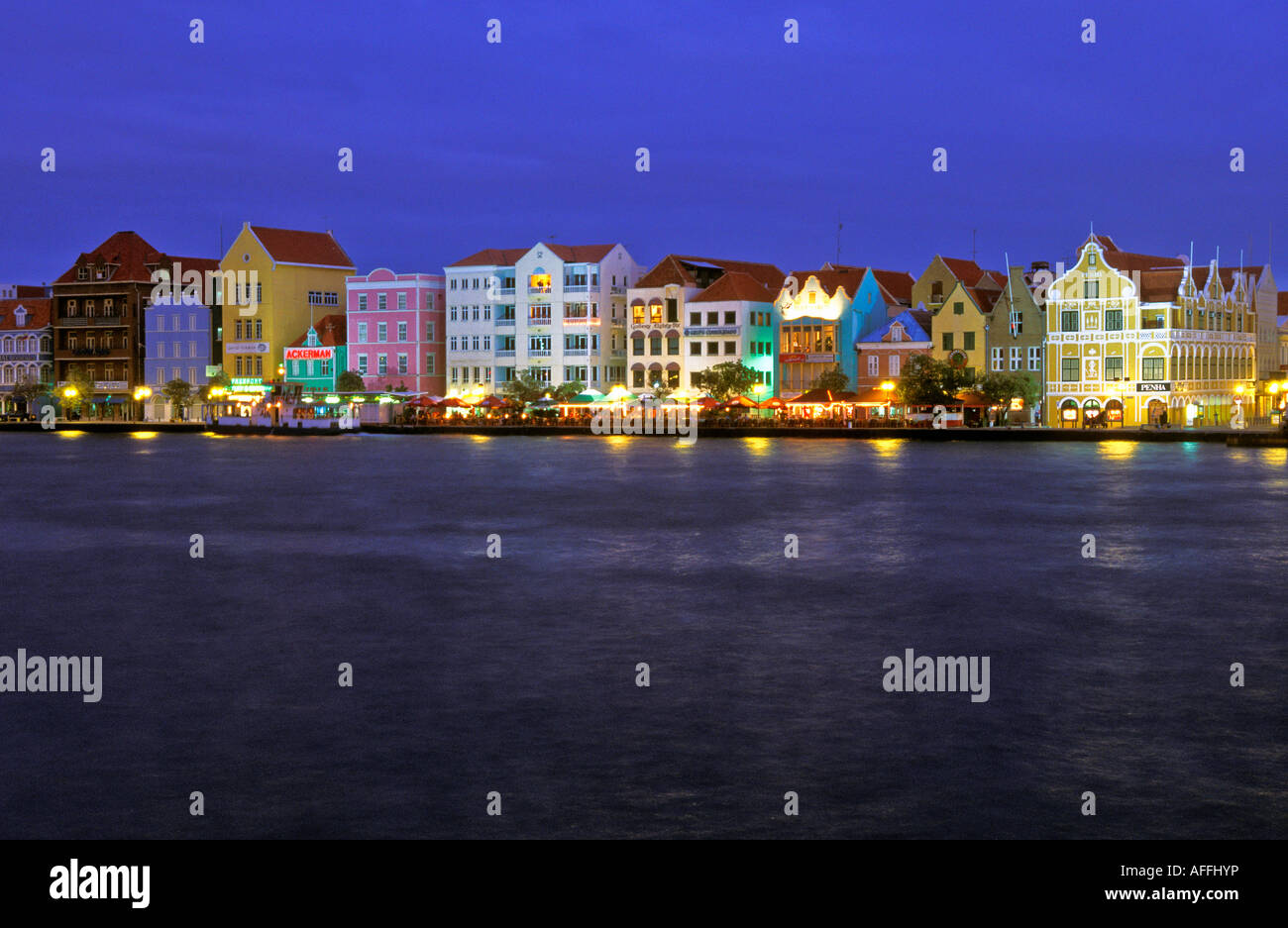 Punda waterfront shops restaurants and buildings at night Willemstad ...