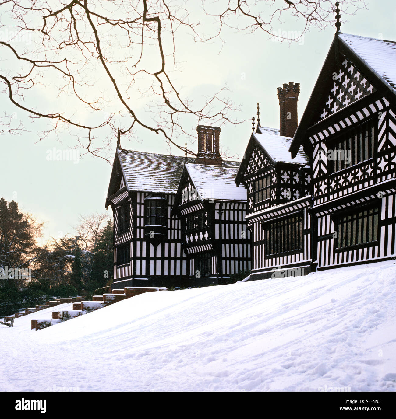 Cheshire Stockport Bramhall Bramall Hall in the snow Stock Photo - Alamy