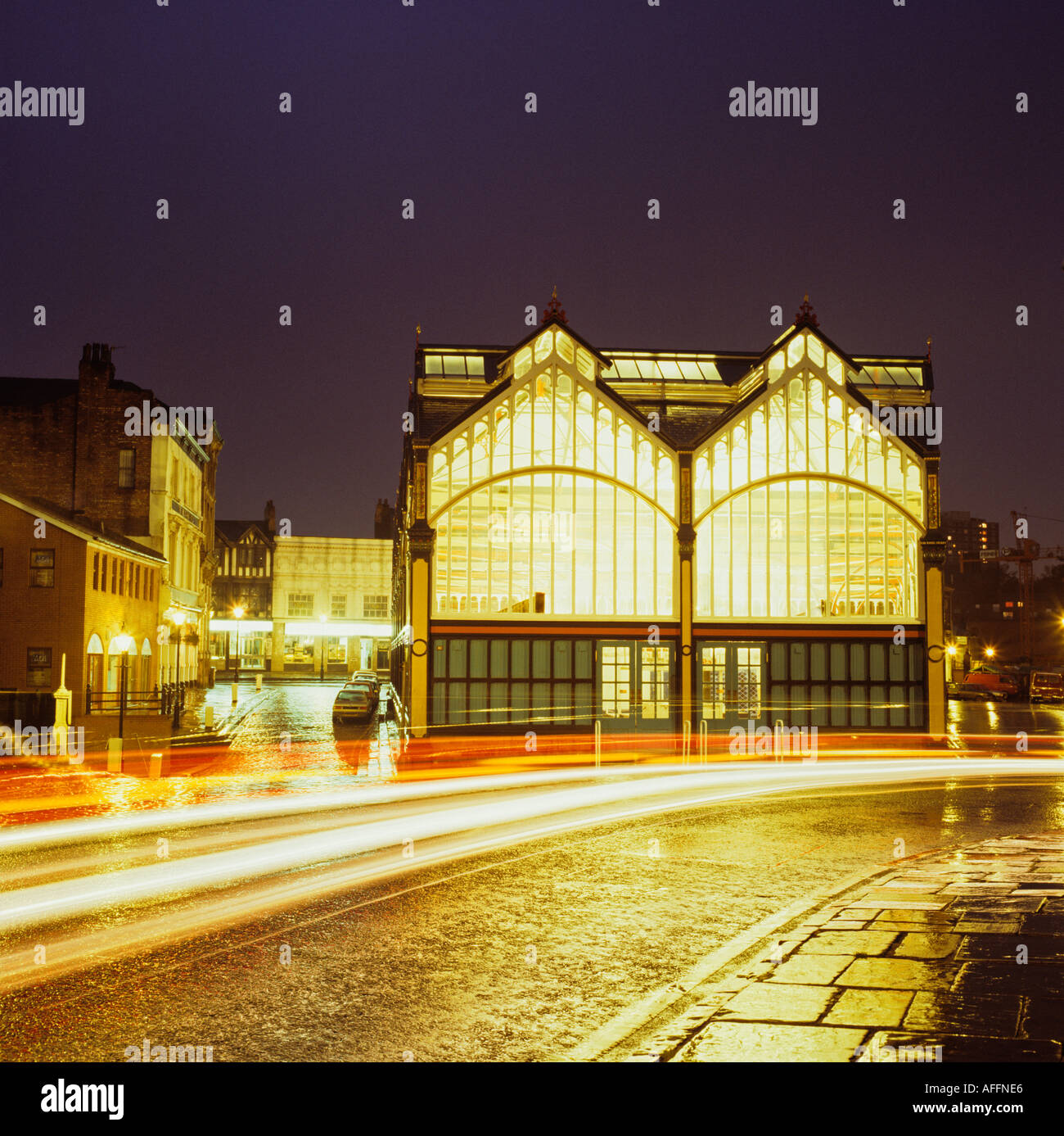 Cheshire Stockport Victorian Market Hall at night Stock Photo - Alamy