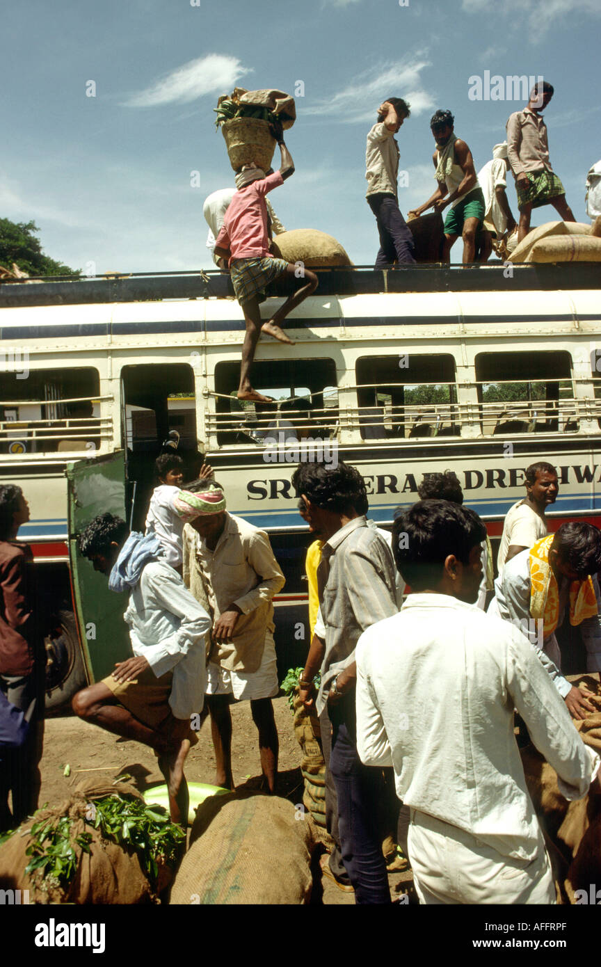 India Karnataka Mysore transport loading bus roof with goods Stock ...