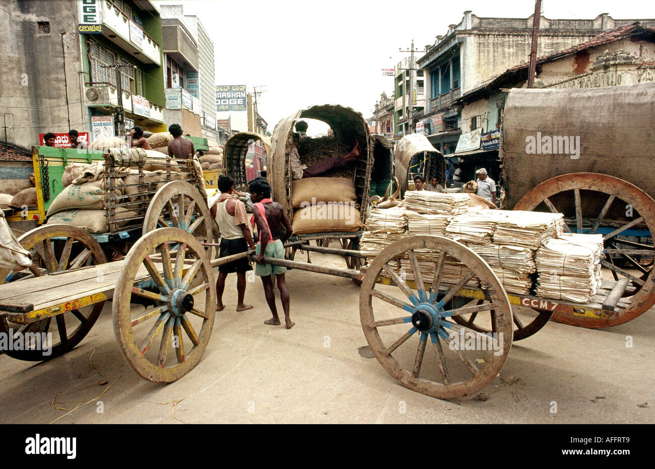India Karnataka Mysore traffic jam of man drawn carts Stock Photo - Alamy