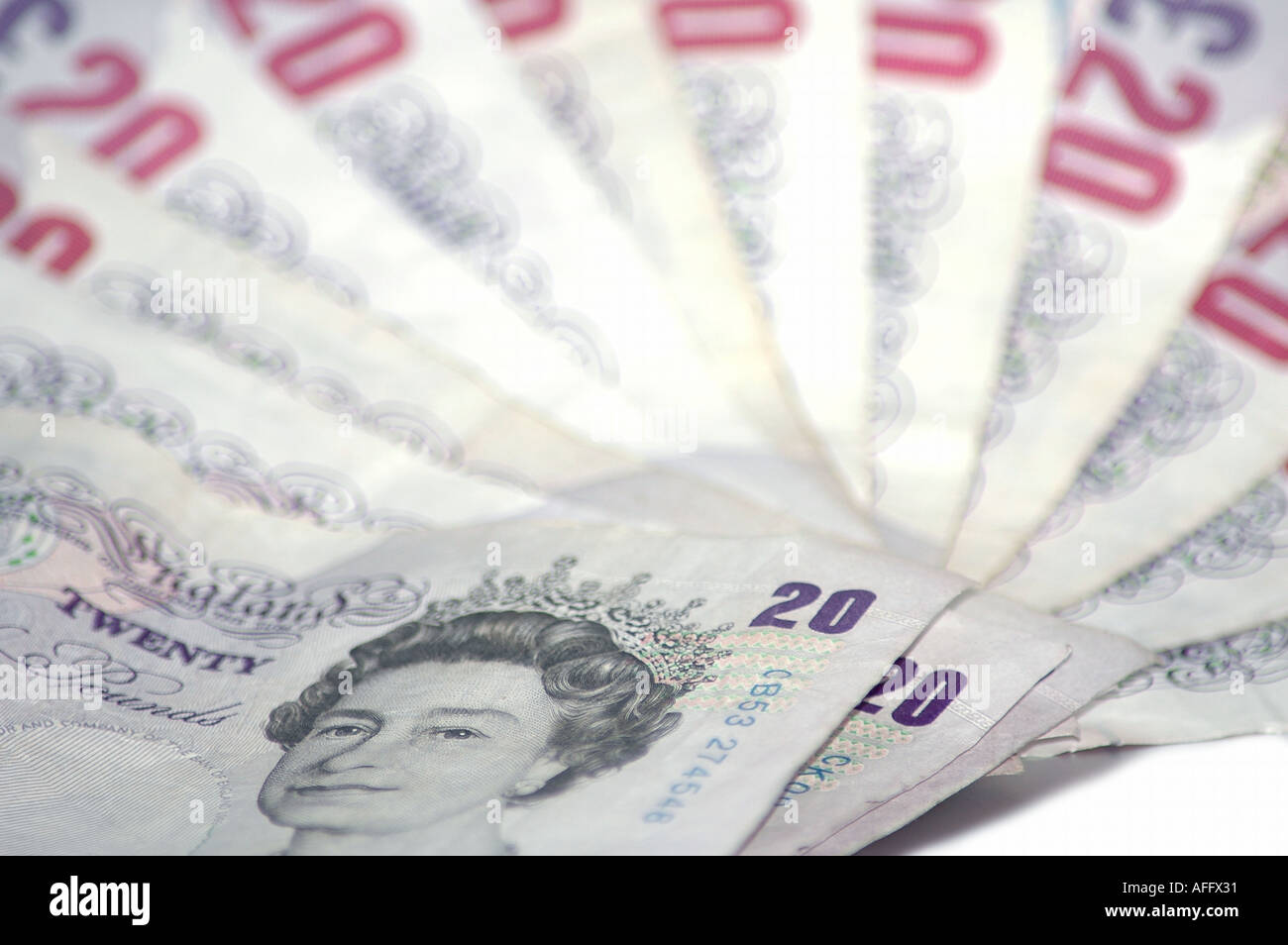 UK currency Great Britain British money twenty pound notes 20 Stock ...