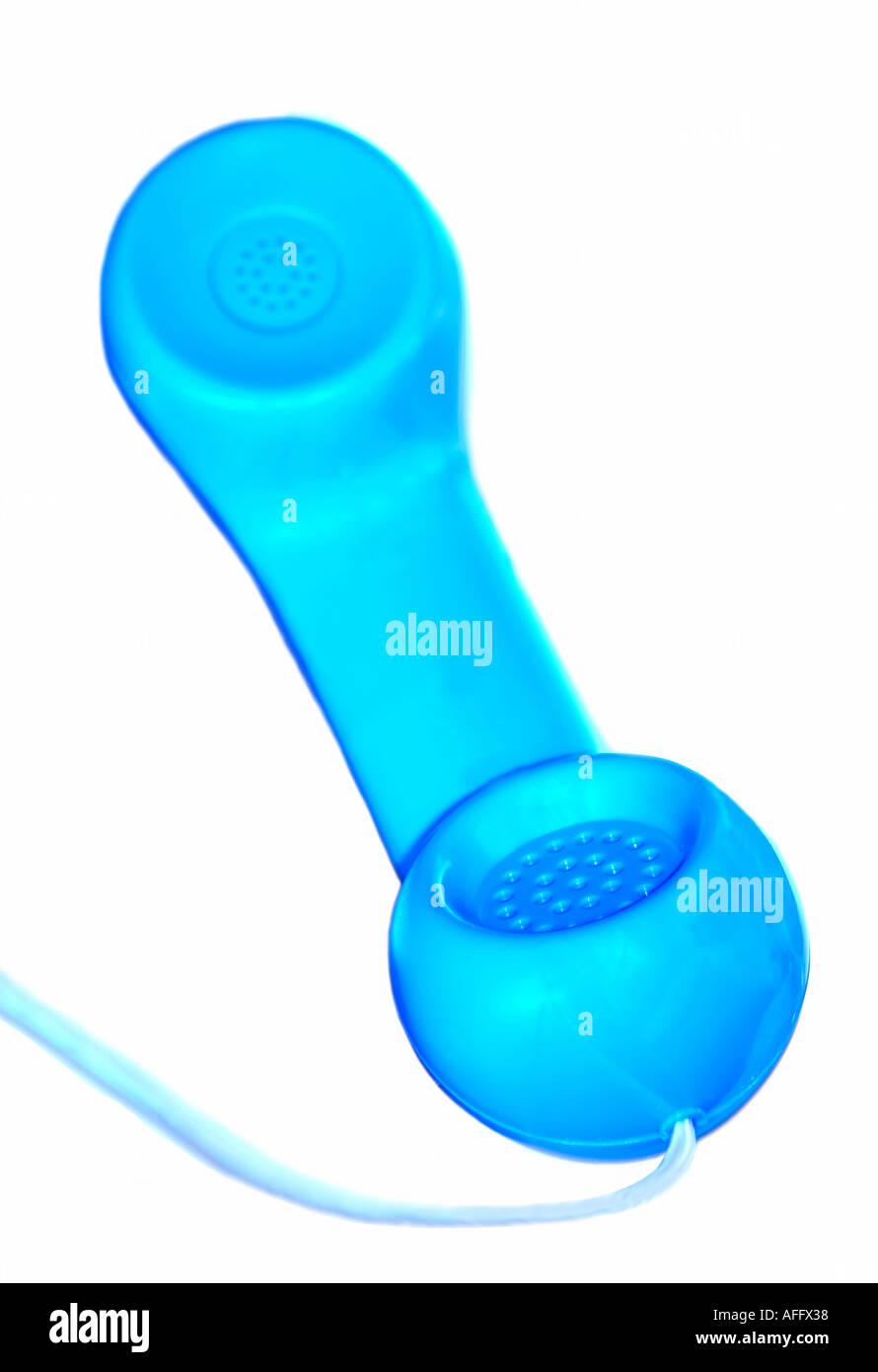A Blue telephone handset on a white background Stock Photo - Alamy