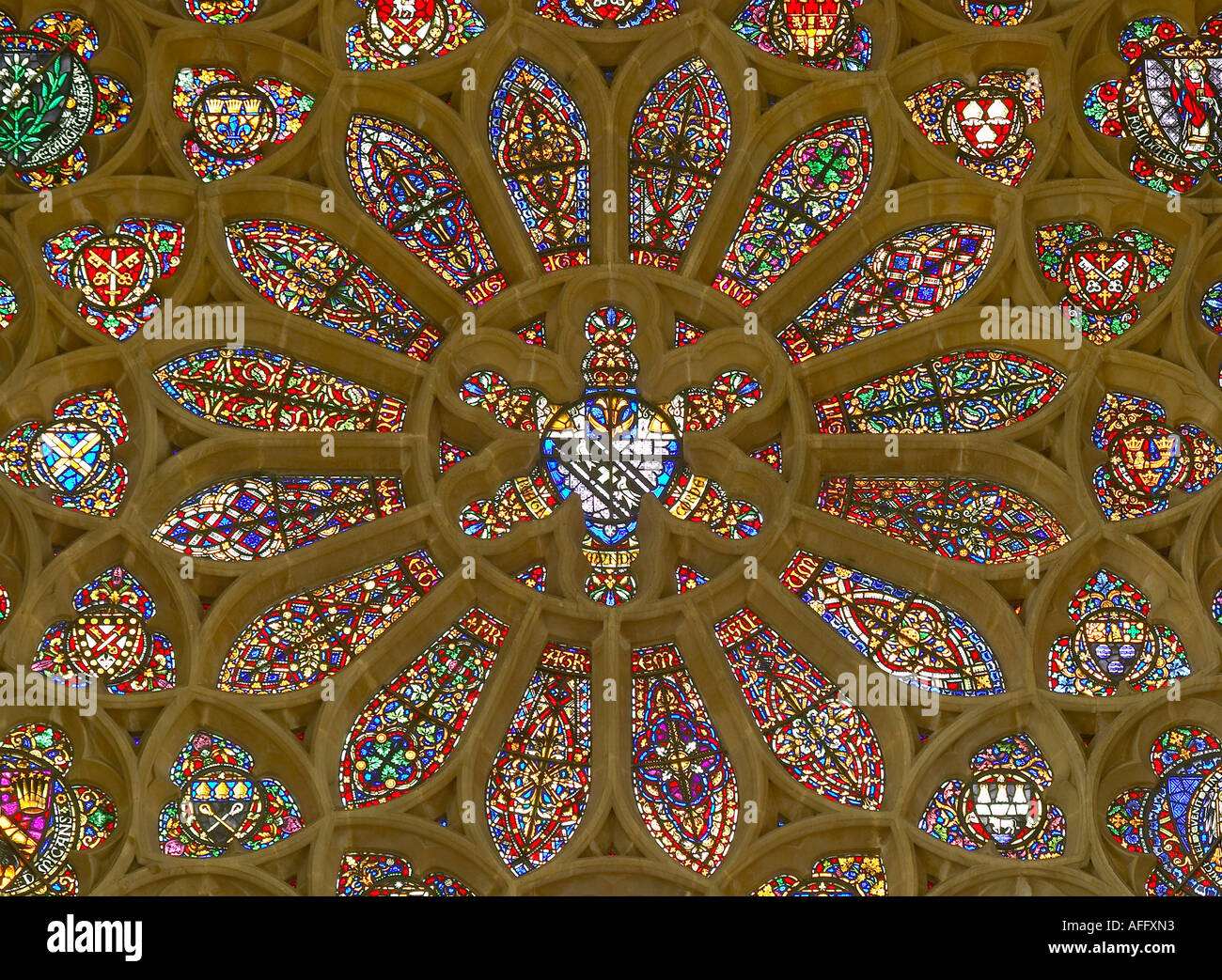 Detail of large stained glass rose window from the interior of Lancing ...