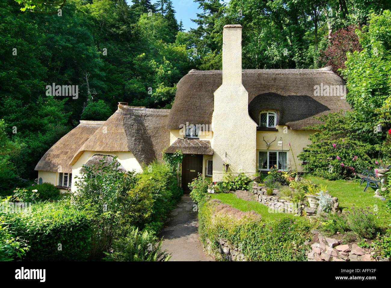 Selworthy village green Thatch thatched cottage Somerset England UK GB ...