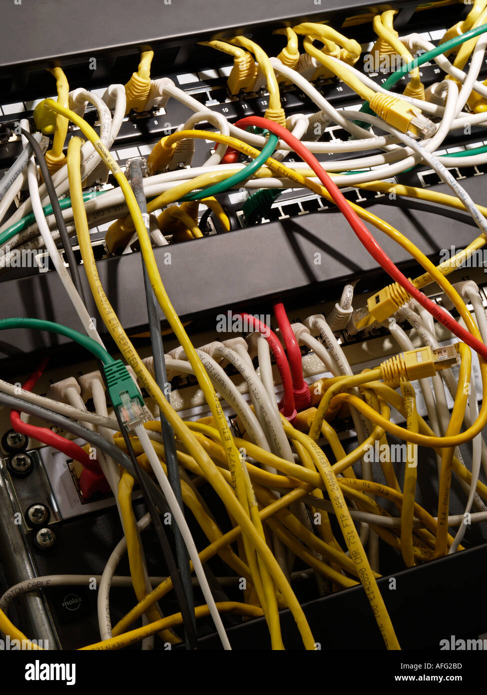 A couple of routers in a patch cabinet with lots and lots of cables in ...