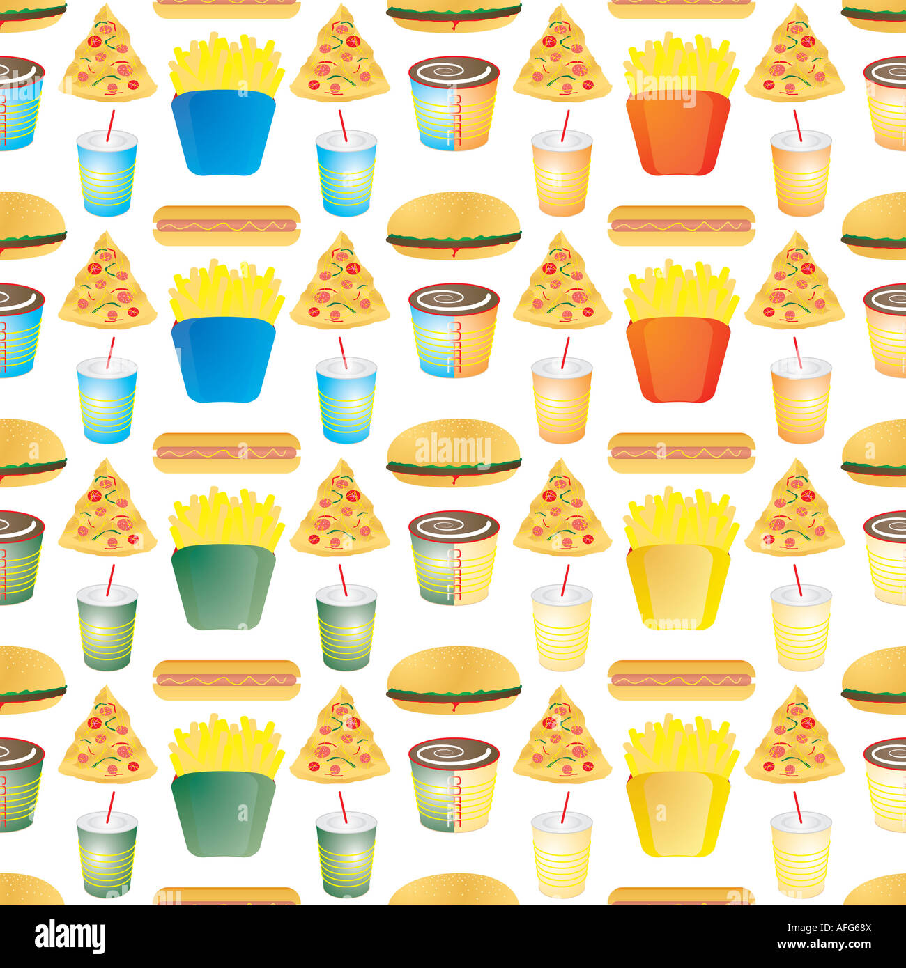 Illustrated fast food background that seamlessly repeats in four color ...