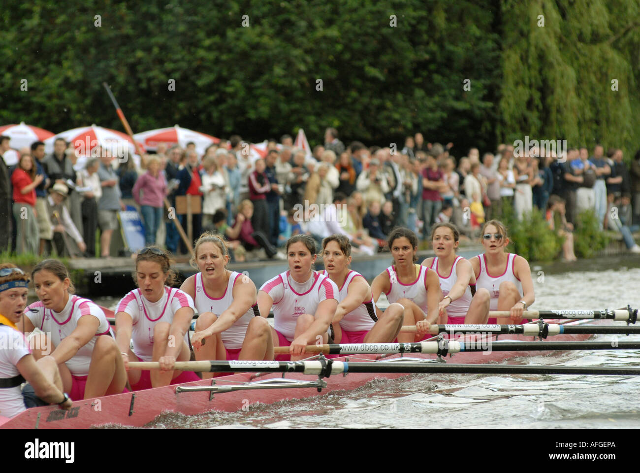 The cox on the Churchill College ladies boat looks back anxiously ...