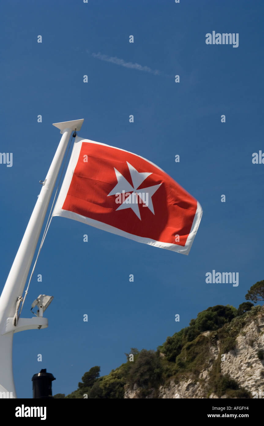 The civil ensign flag of Malta flying from the stern of a yacht in the ...