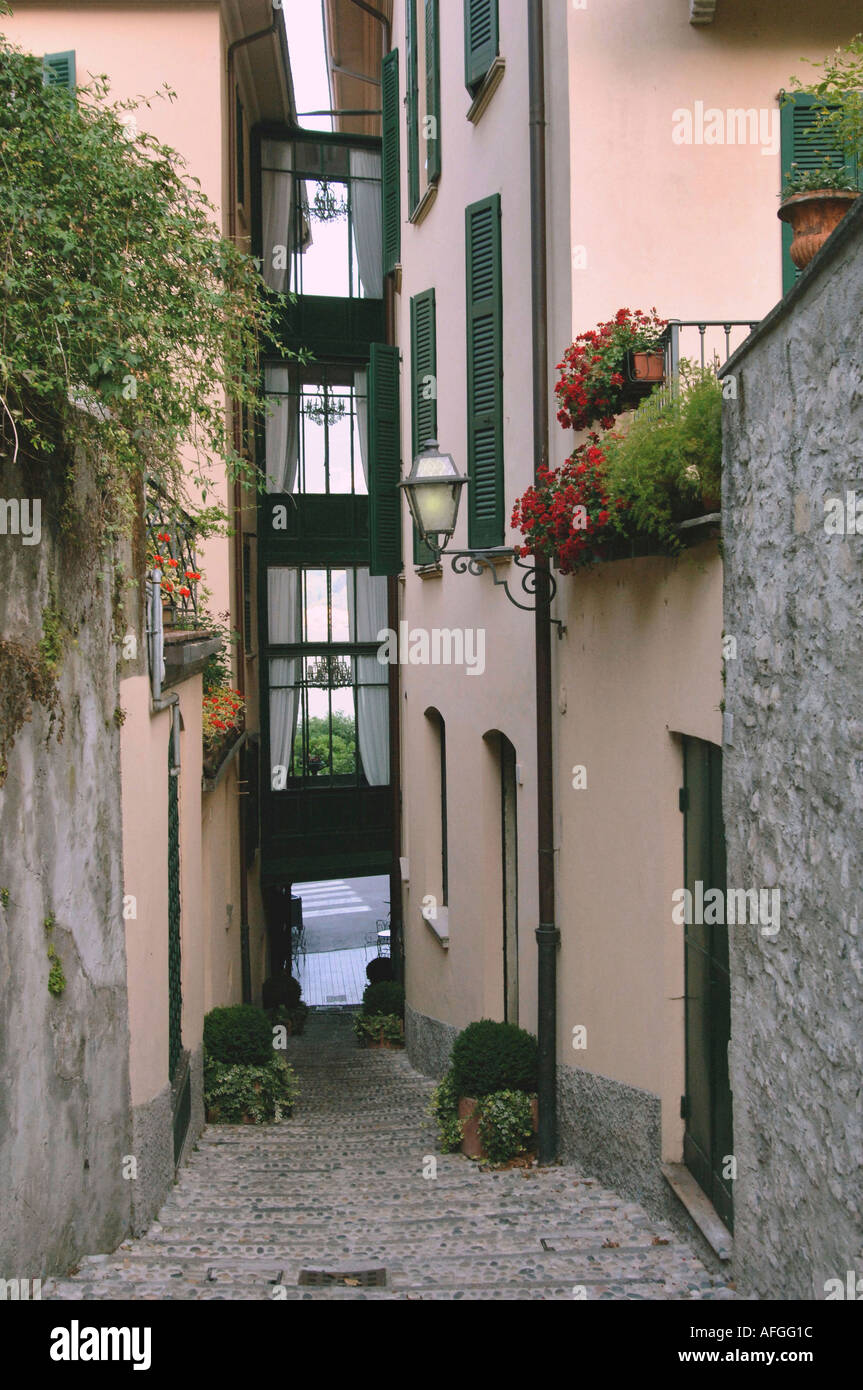 Bellagio Italy narrow pedestrian walkway leading to Lake Como Stock ...