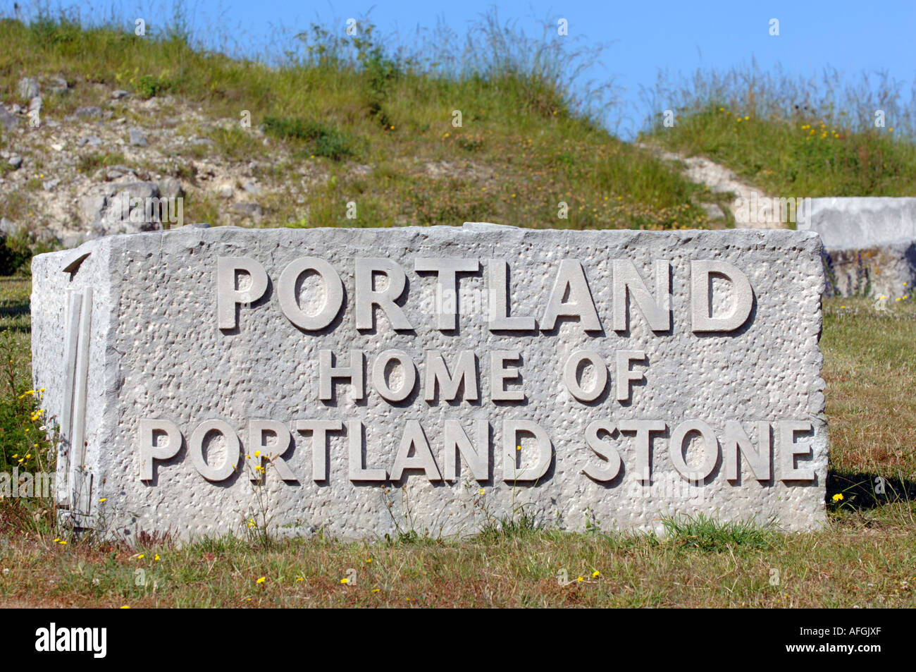 Portland Home of Portland Stone sign carved on a block of Portland ...