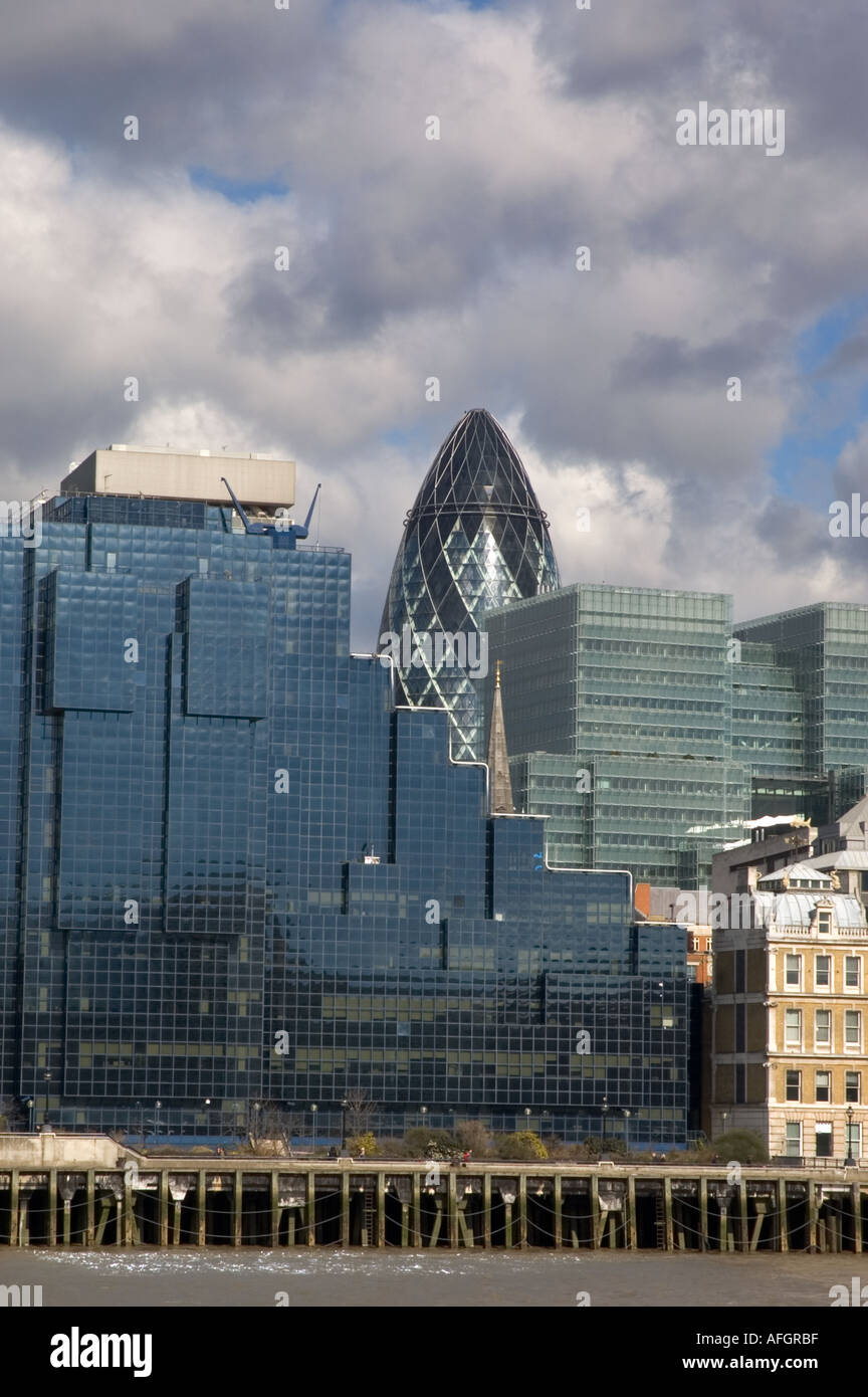 The Swiss Re building known as the Gherkin from the South Bank London ...