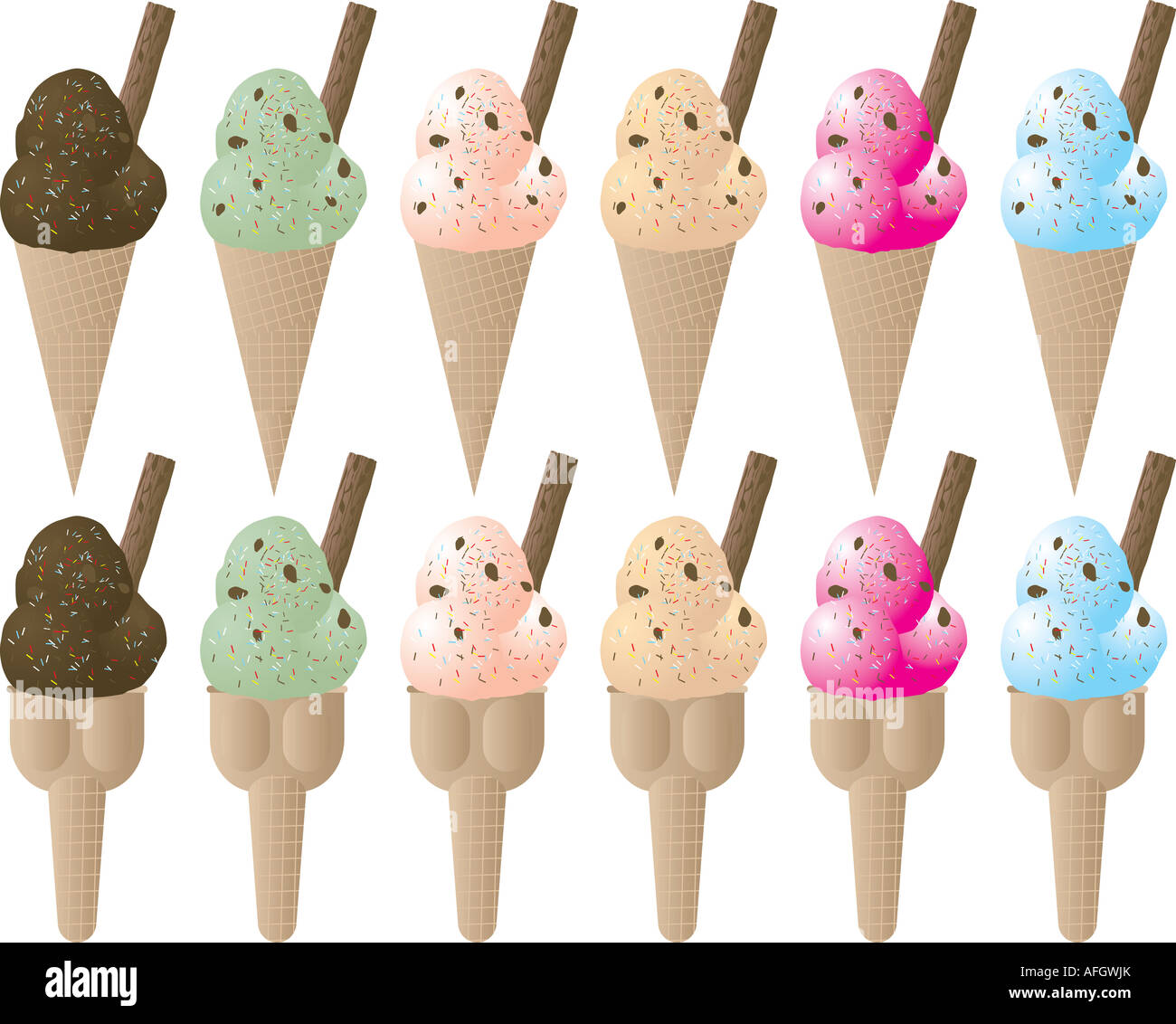 Six different colored ice cream cones with sprinkles and a flake Stock ...