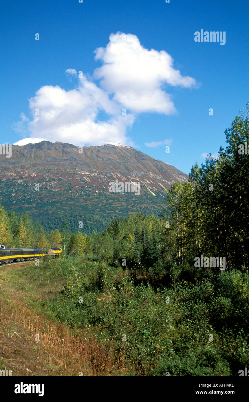 Alaska Railroad to Denali scenic landscape fall foliage rail car Stock ...