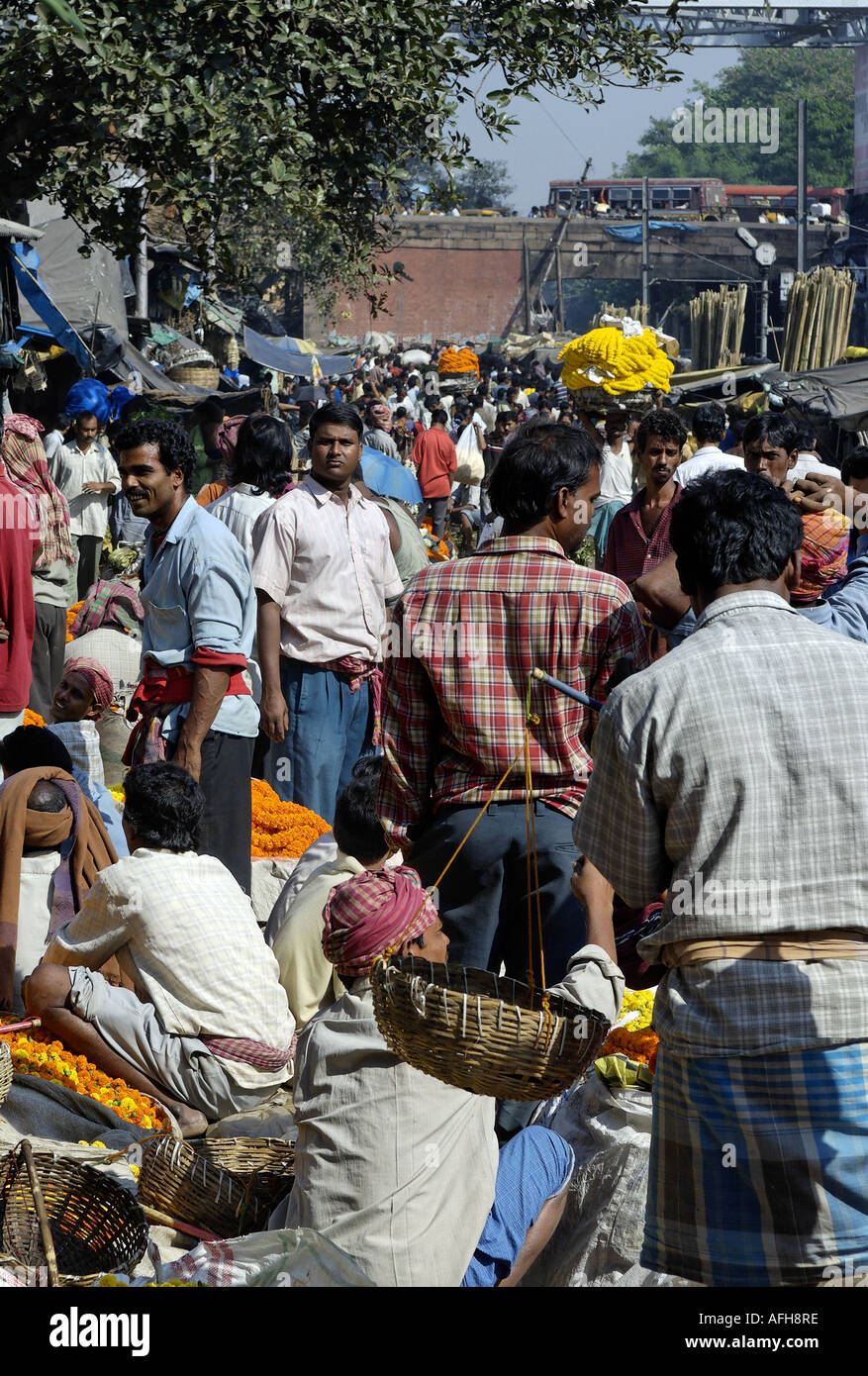 Bustling crowds aelling and buying at the Howrah Flower Market, with ...