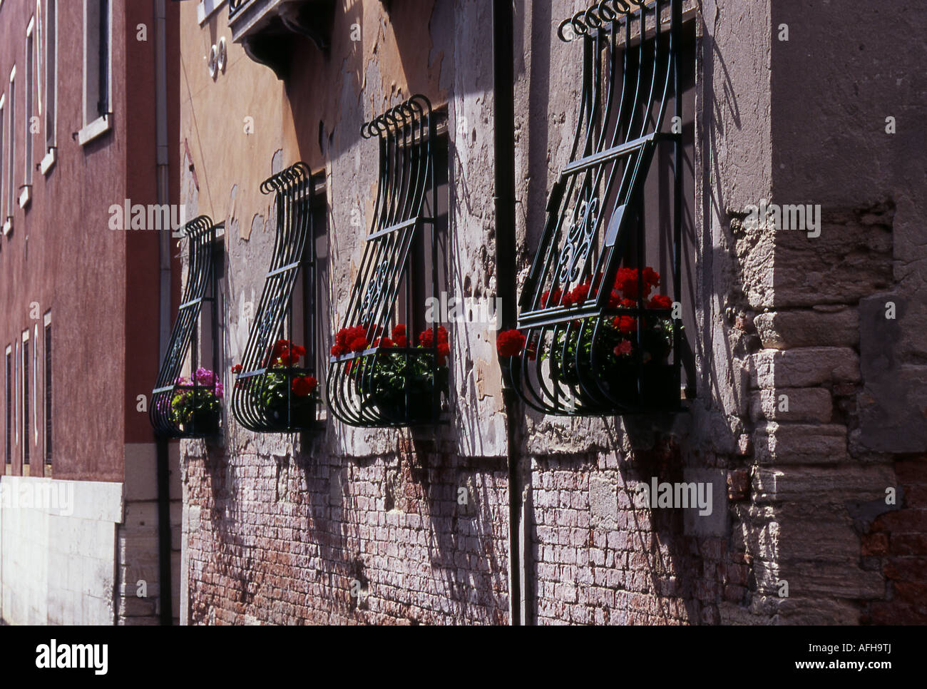 Flowers on windowsills of canalside building in Venice Italy Stock ...