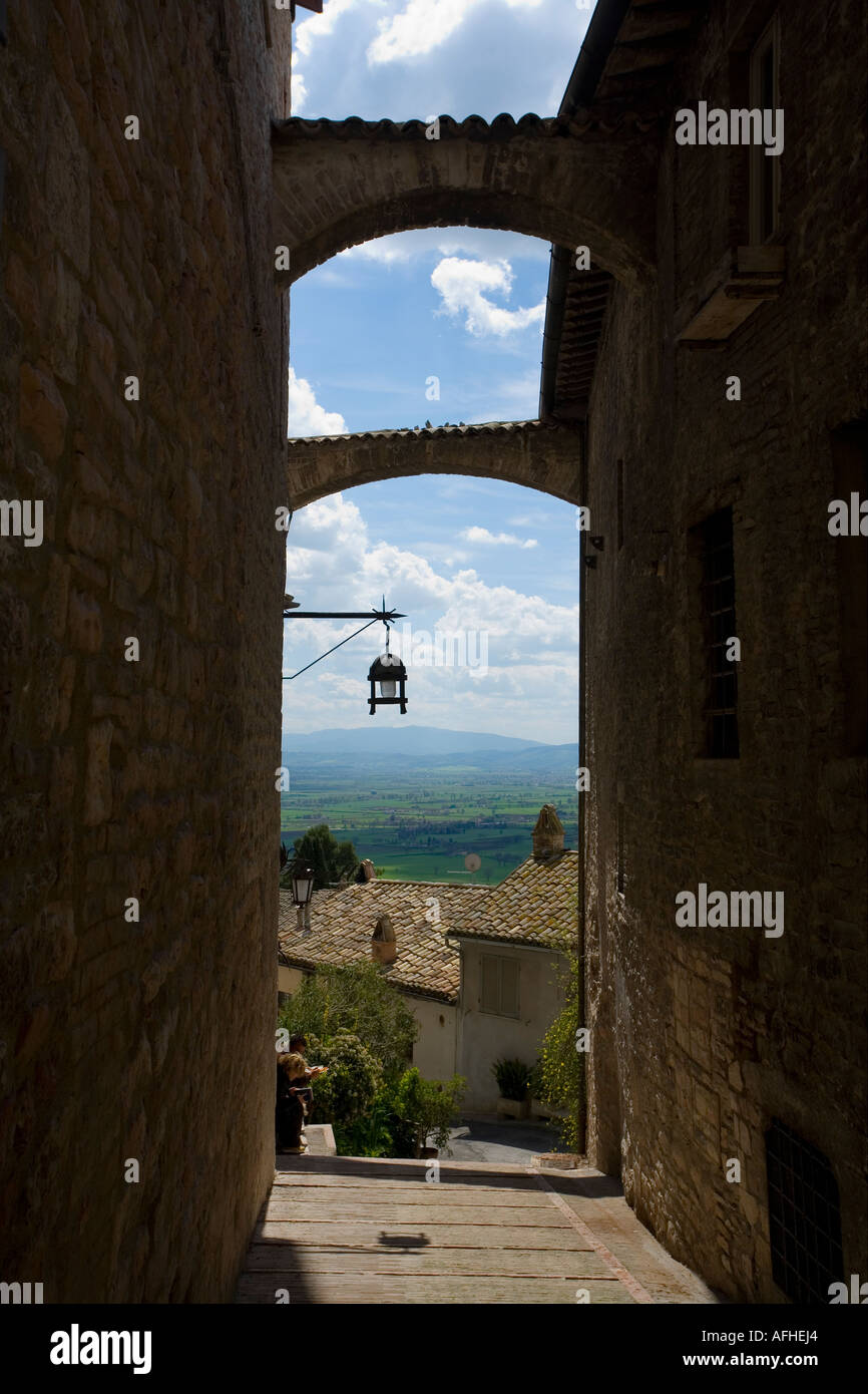 Assisi town streets in summer with blue sky sun sunshine sunny white ...