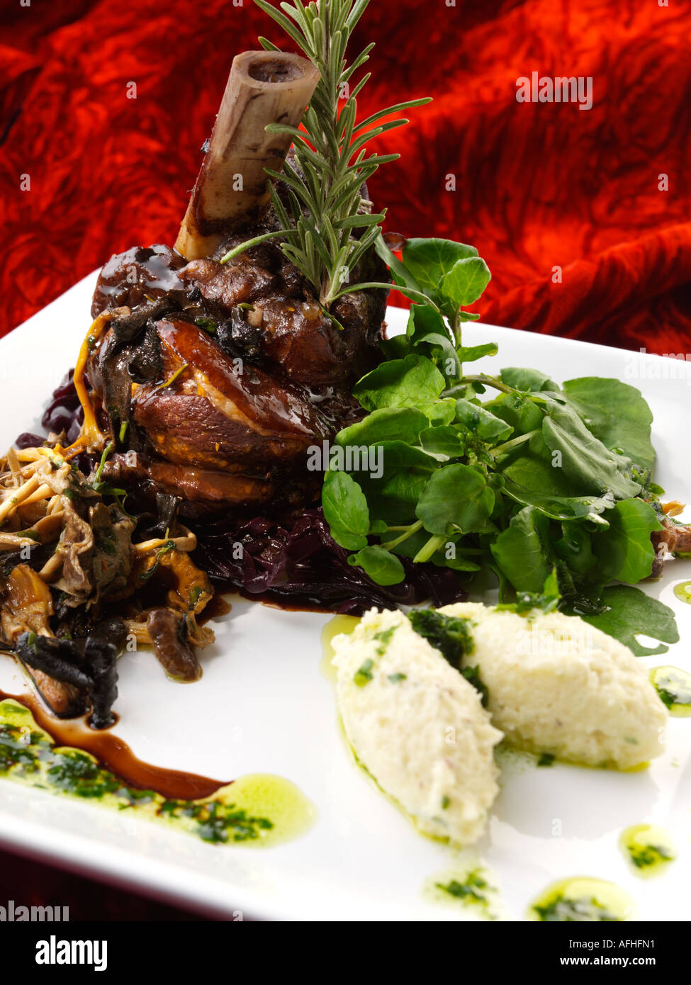 Event catering lamb shank mashed potato quenelles hi-res stock ...
