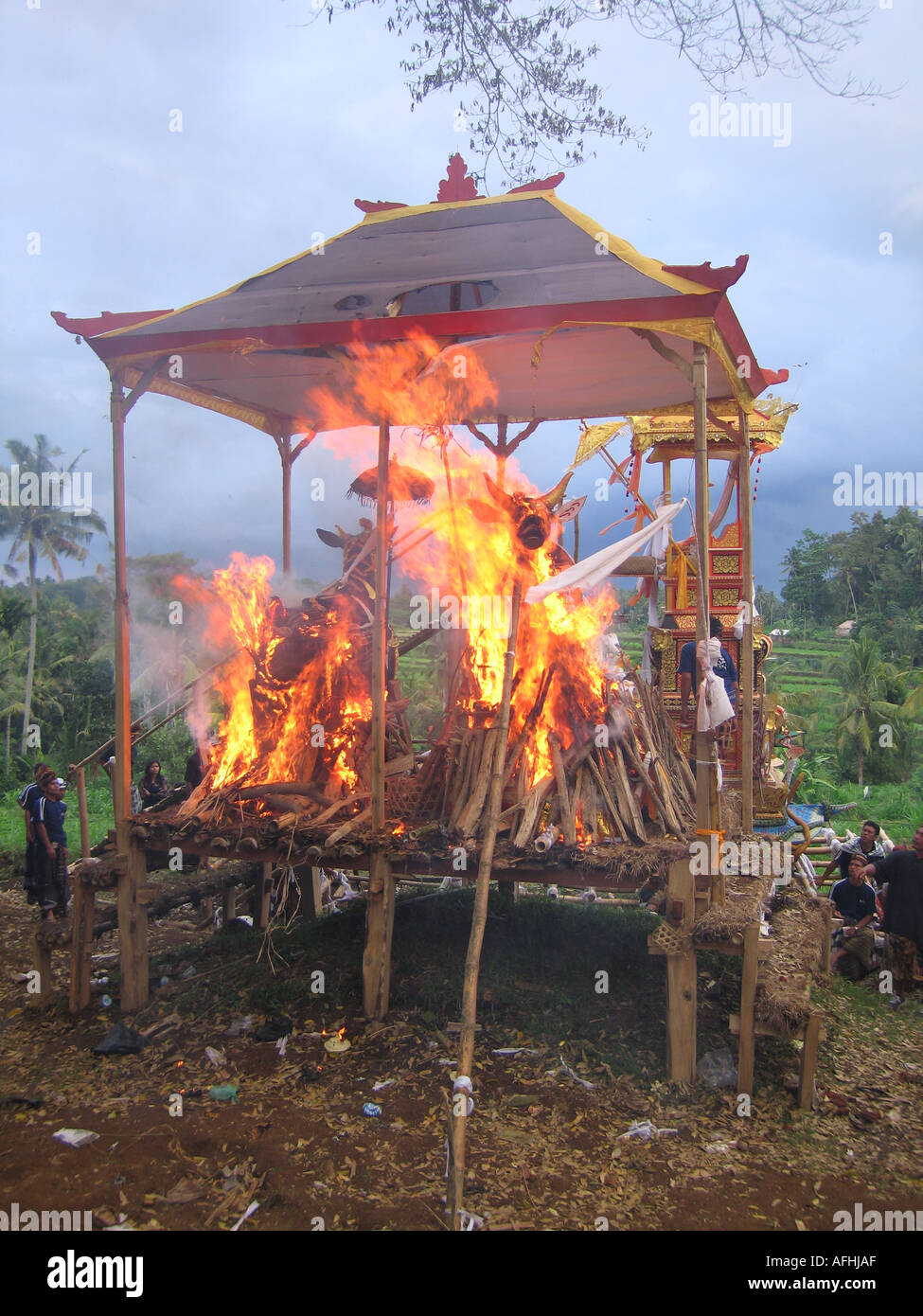 cremation fire during festival in Klungkung village Java Indonesia ...