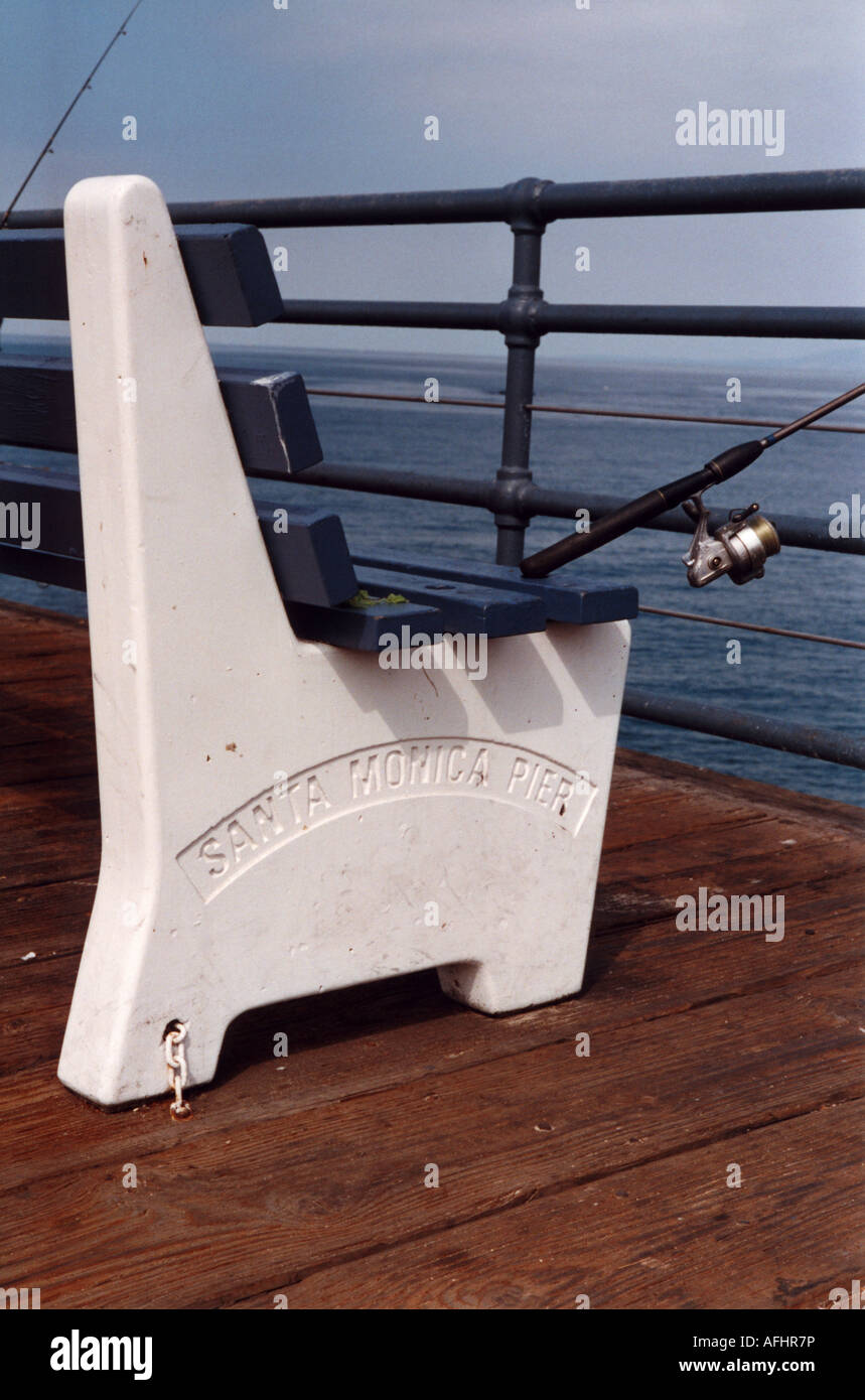 A bench on the Santa Monica Pier and a fishing rod Stock Photo - Alamy