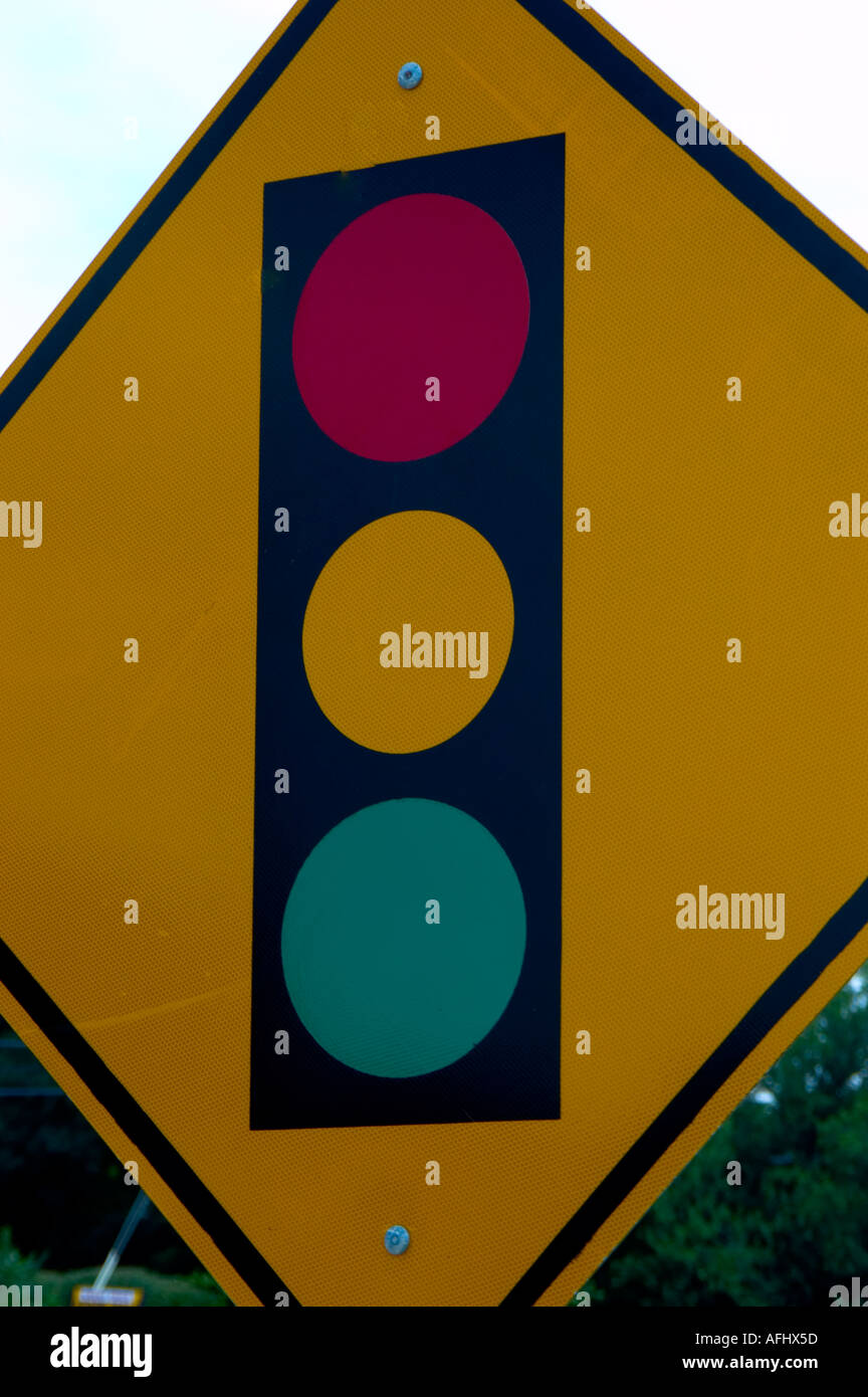 TRAFFIC LIGHT WARNING roadway sign Stock Photo - Alamy