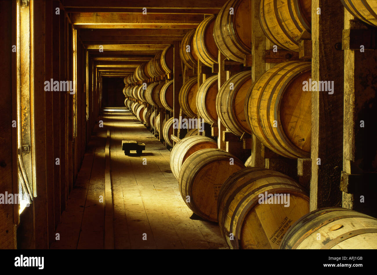 Jack Daniels whiskey whisky maturing in barrels in old store warehouse ...