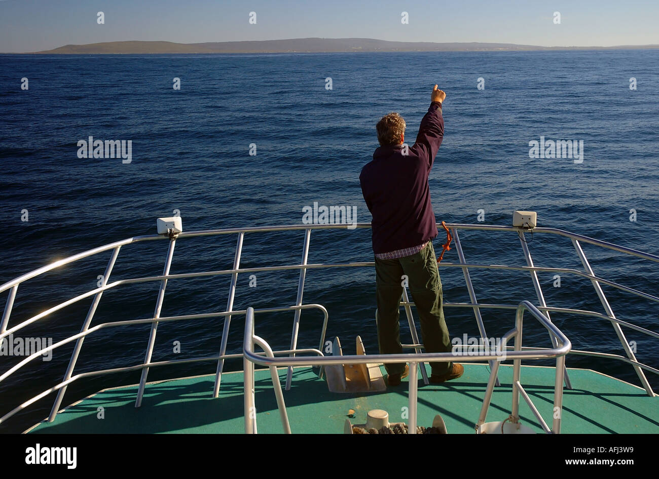 Man pointing out to sea on bow of large boat Stock Photo - Alamy