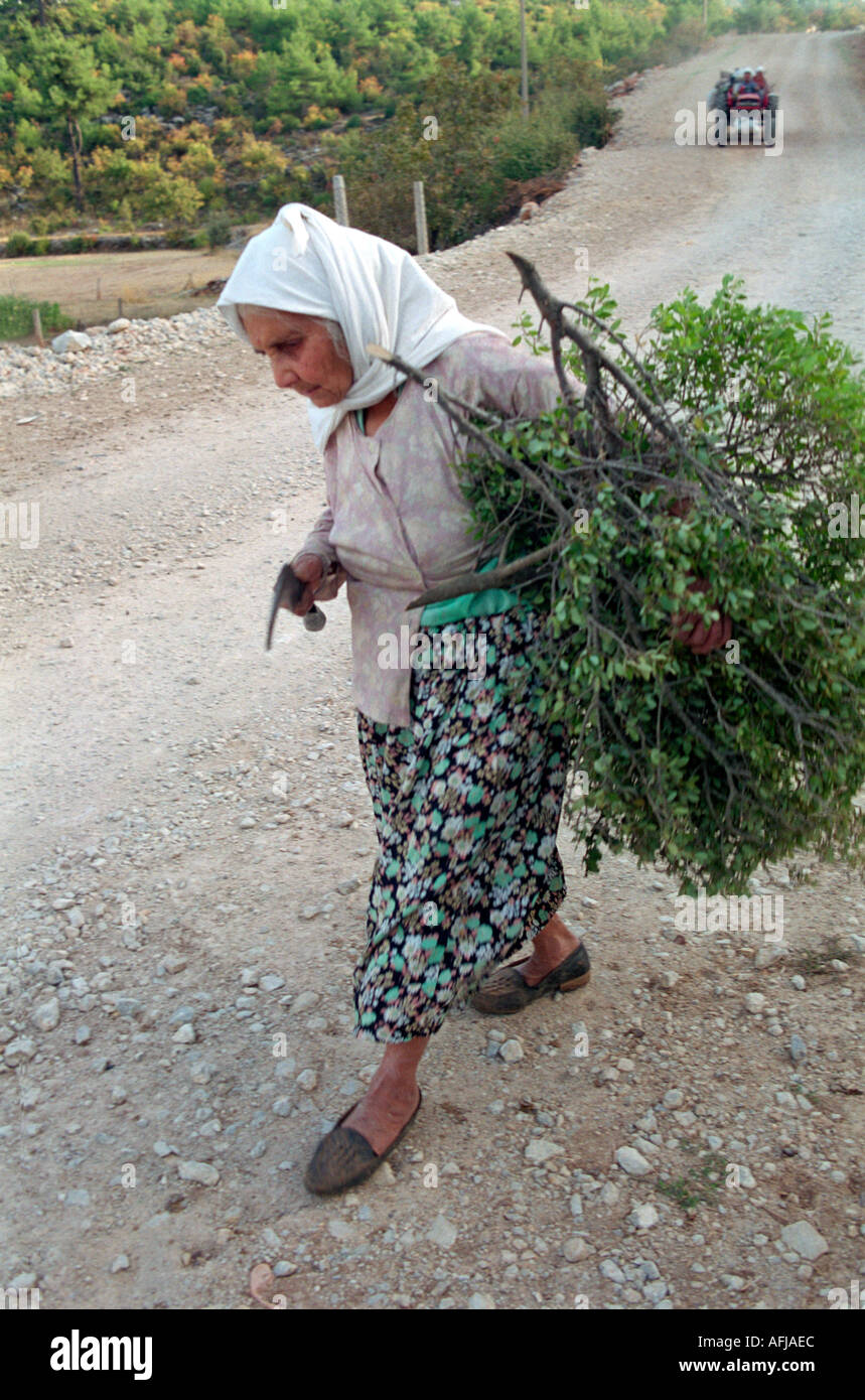 Older woman with her scythe cutting branches in rural village in ...