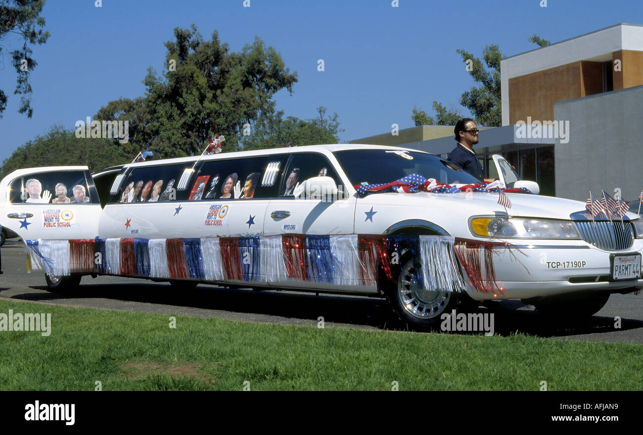 White limousine featuring photos of famous Americans waits for parade ...
