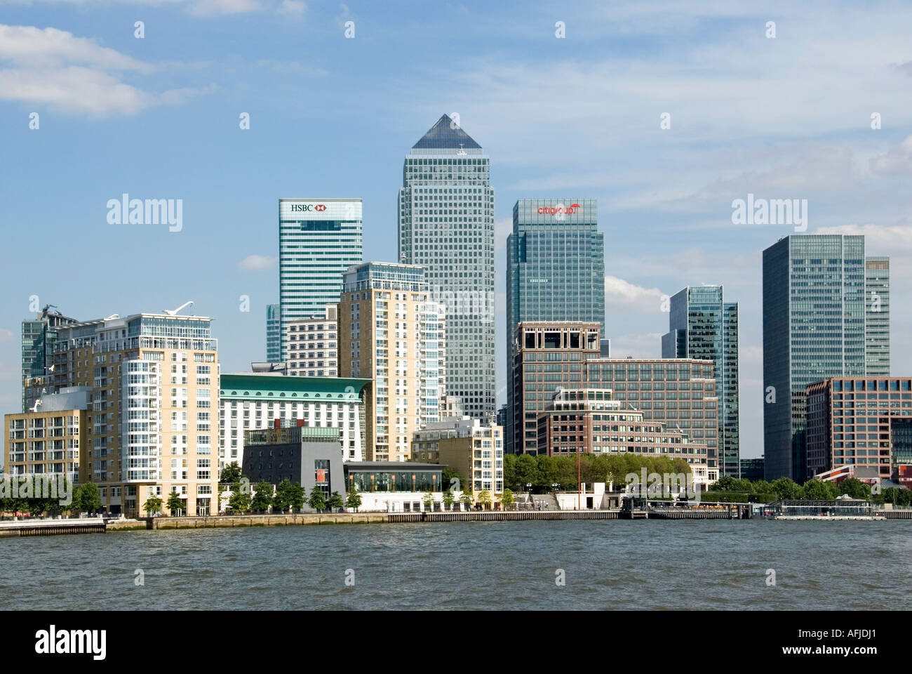 Canary Wharf skyline & River Thames London Docklands waterfront at high ...