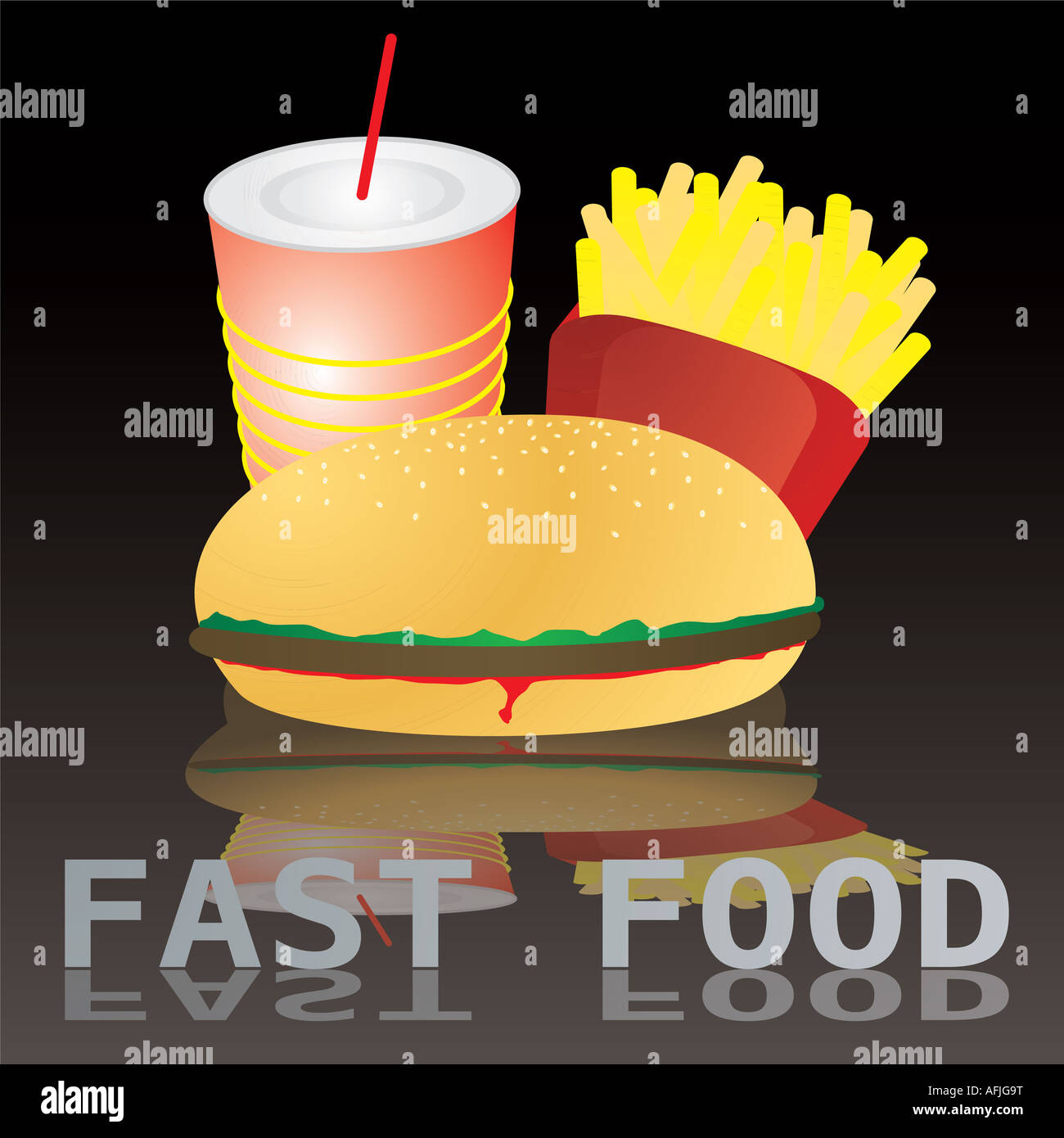 Illustration of some fast food reflected in a shiny surface Stock Photo ...