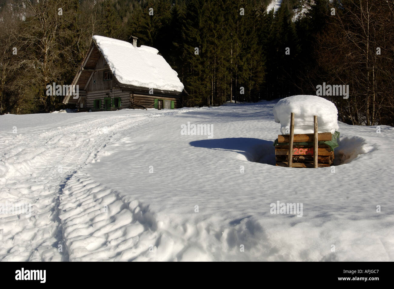 Log cabin and pile of logs buried in snow near Gosau Salzkammergut ...