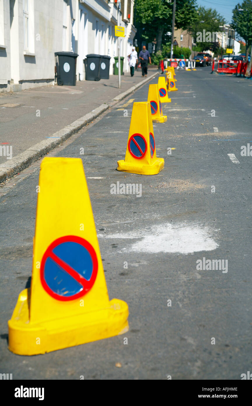 No parking cones on a London street Stock Photo - Alamy