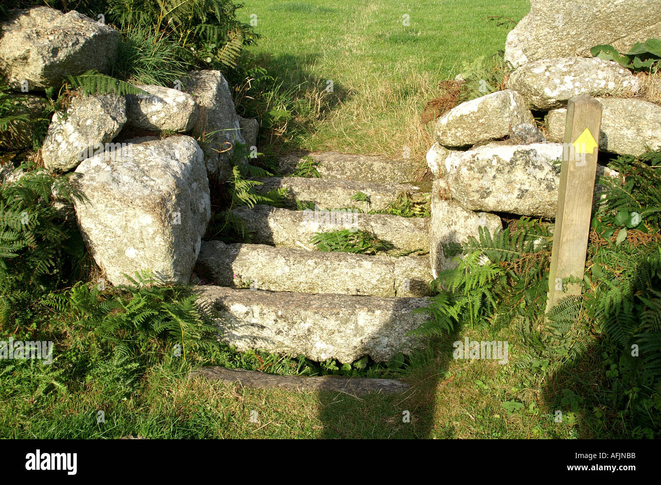 Old granite cornish stile on old coffin road Penwith Cornwall Stock ...