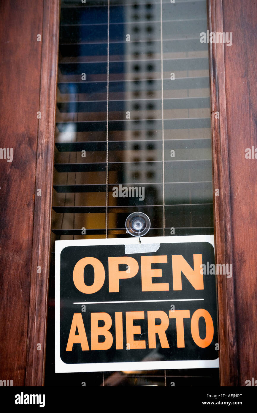 Open sign, bilingual Stock Photo - Alamy