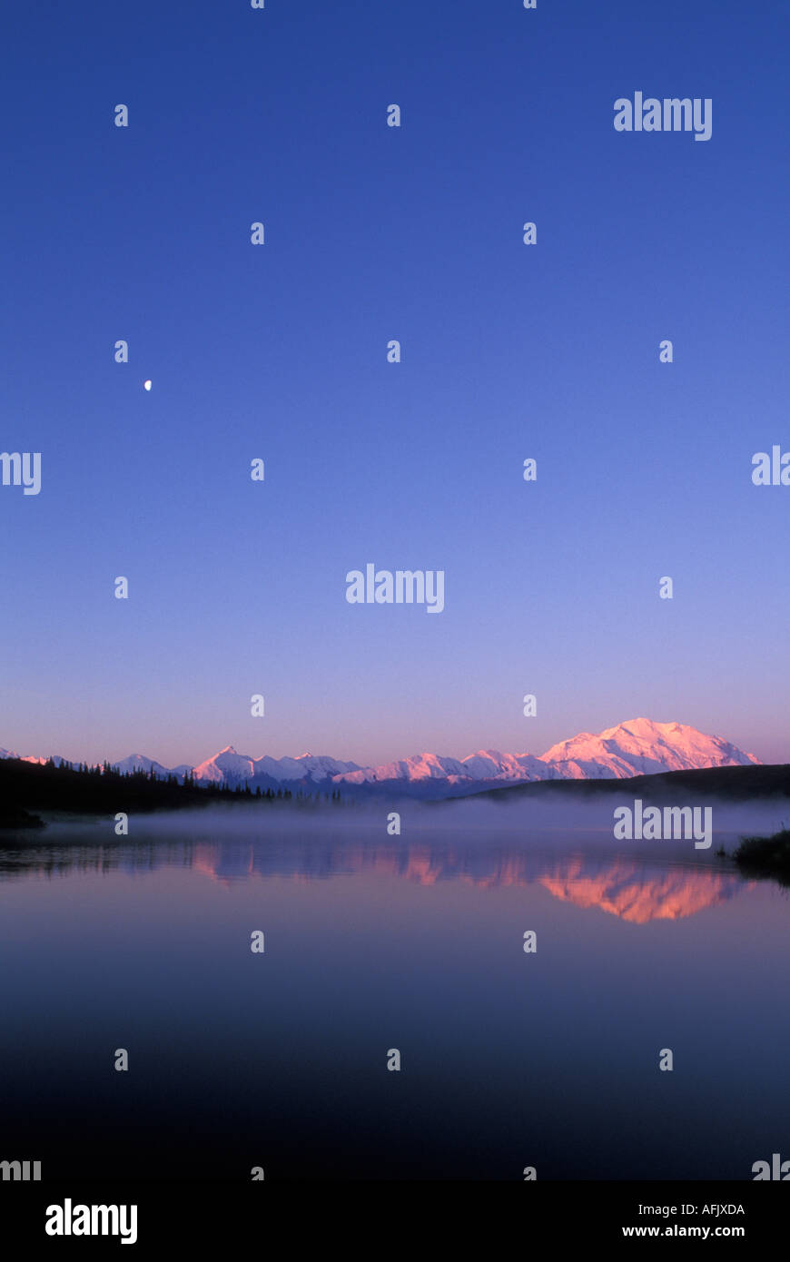 USA Alaska Denali National Park Dawn lights gibbous moon above Mount ...