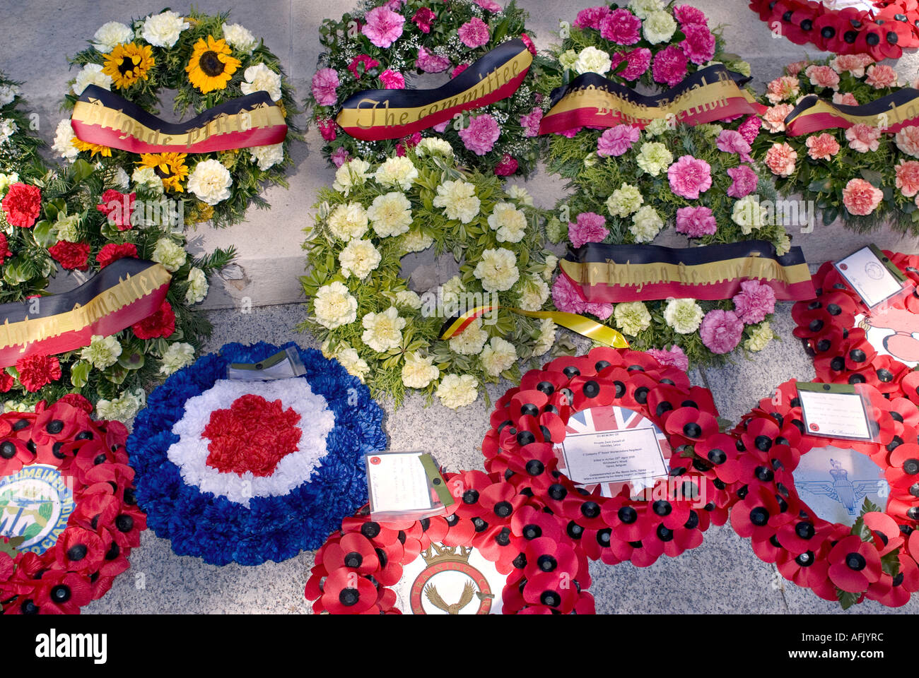 Floral wreaths left in tribute to those who sacrificed their lives in ...