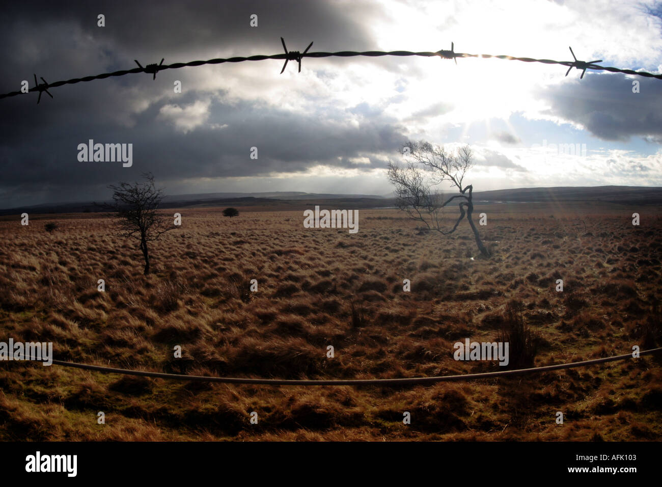 Peak District landscape barbed wire fence Stock Photo - Alamy