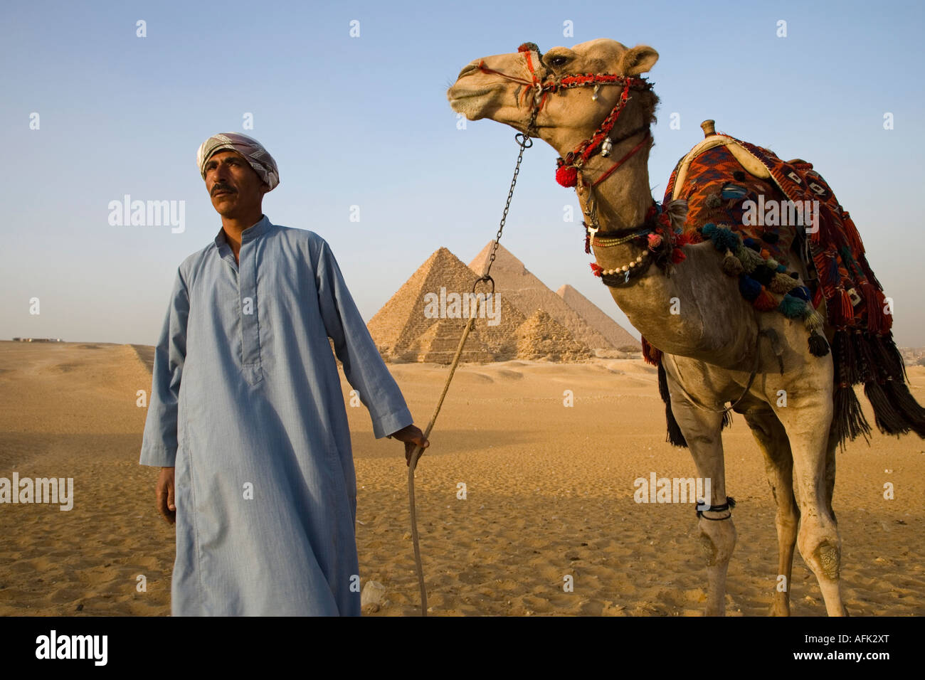 A camel driver stands in front of the pyramids at Giza, Egypt. (MR ...