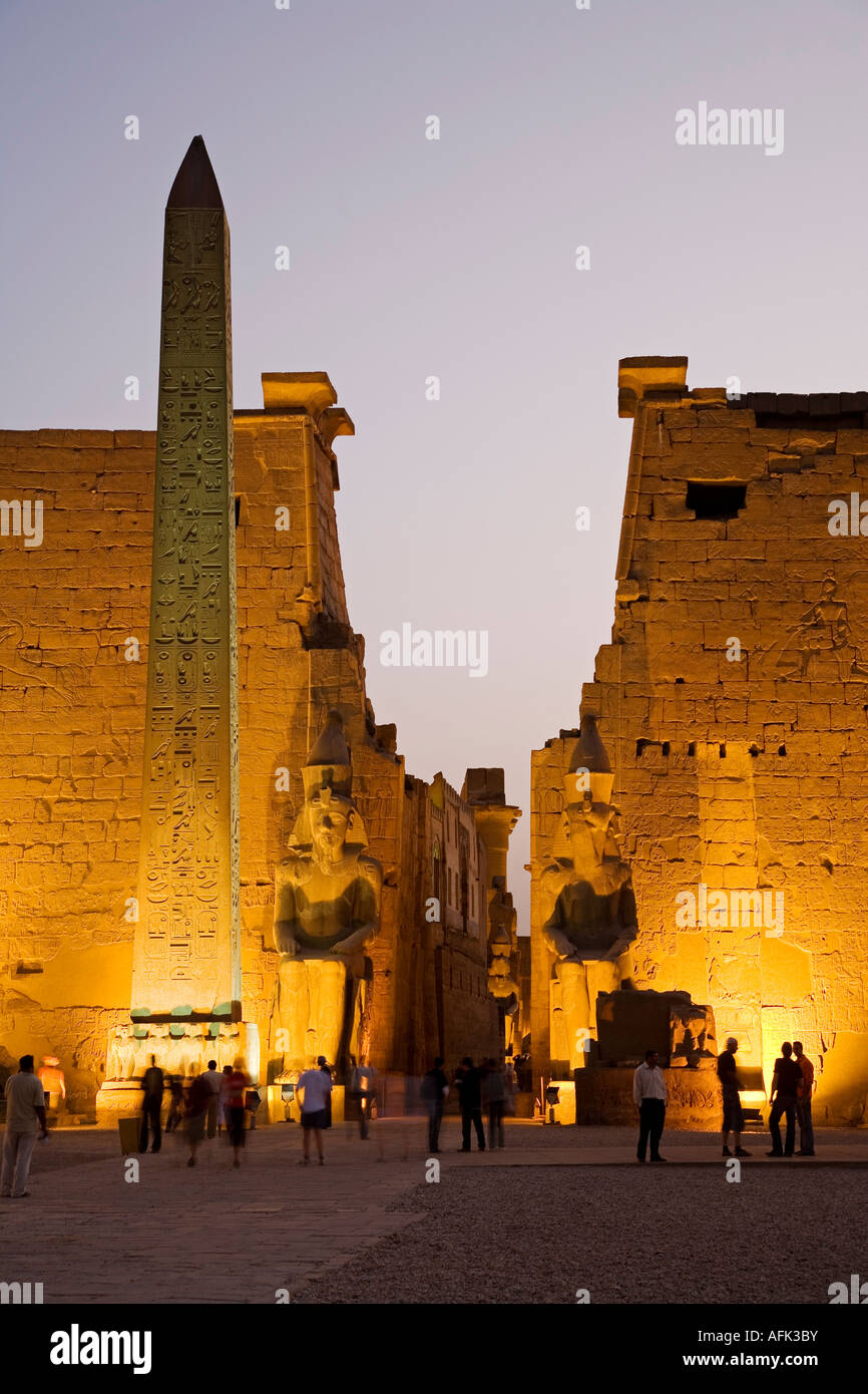 Luxor Temple illuminated at night. The obelisk is one of a pair, the ...