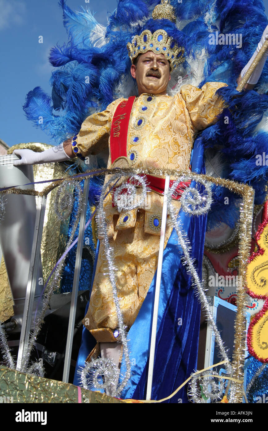 “Rei Momo” (Momo King) character standing in a parade car floater ...