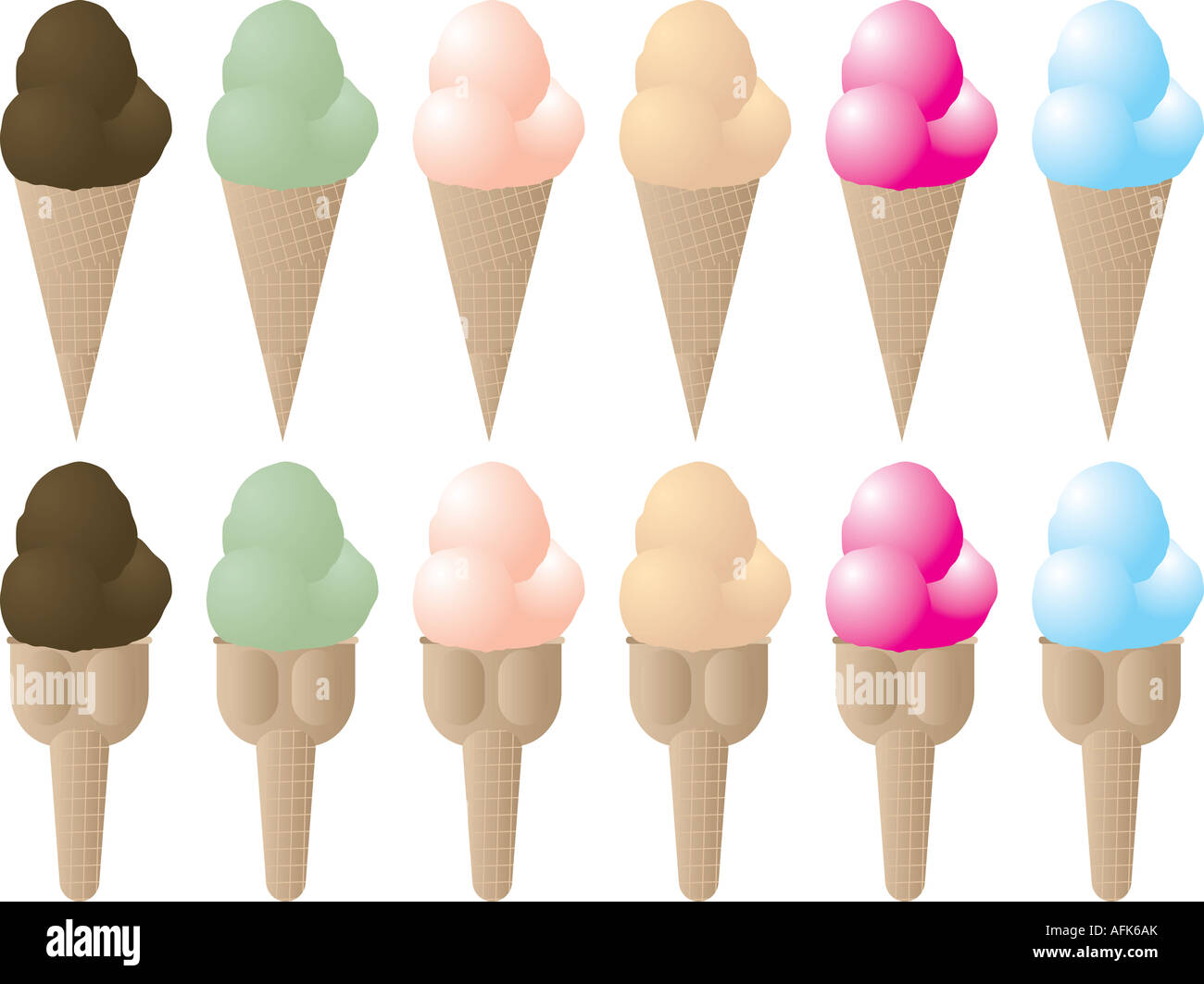 Illustration of six color variations of ice cream with tow different ...