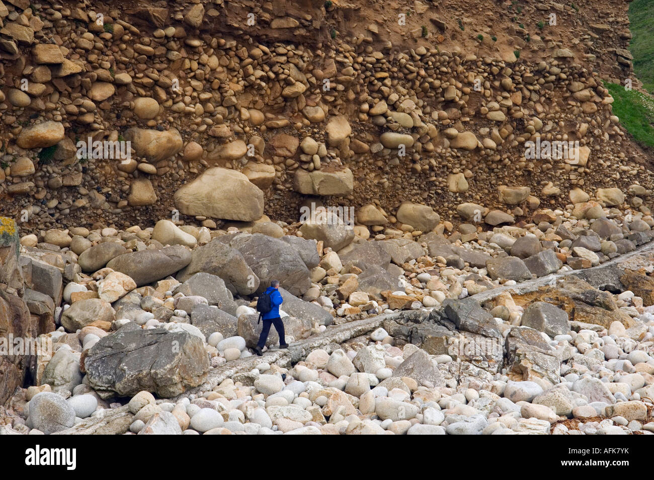 A walker on the Cornish coastal path walks beneath a steep cliff ...