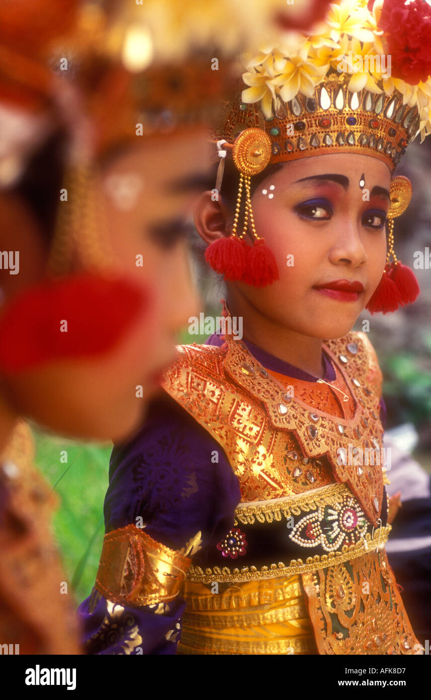 Young Legong dancers in full costume on the island of Bali in Indonesia ...