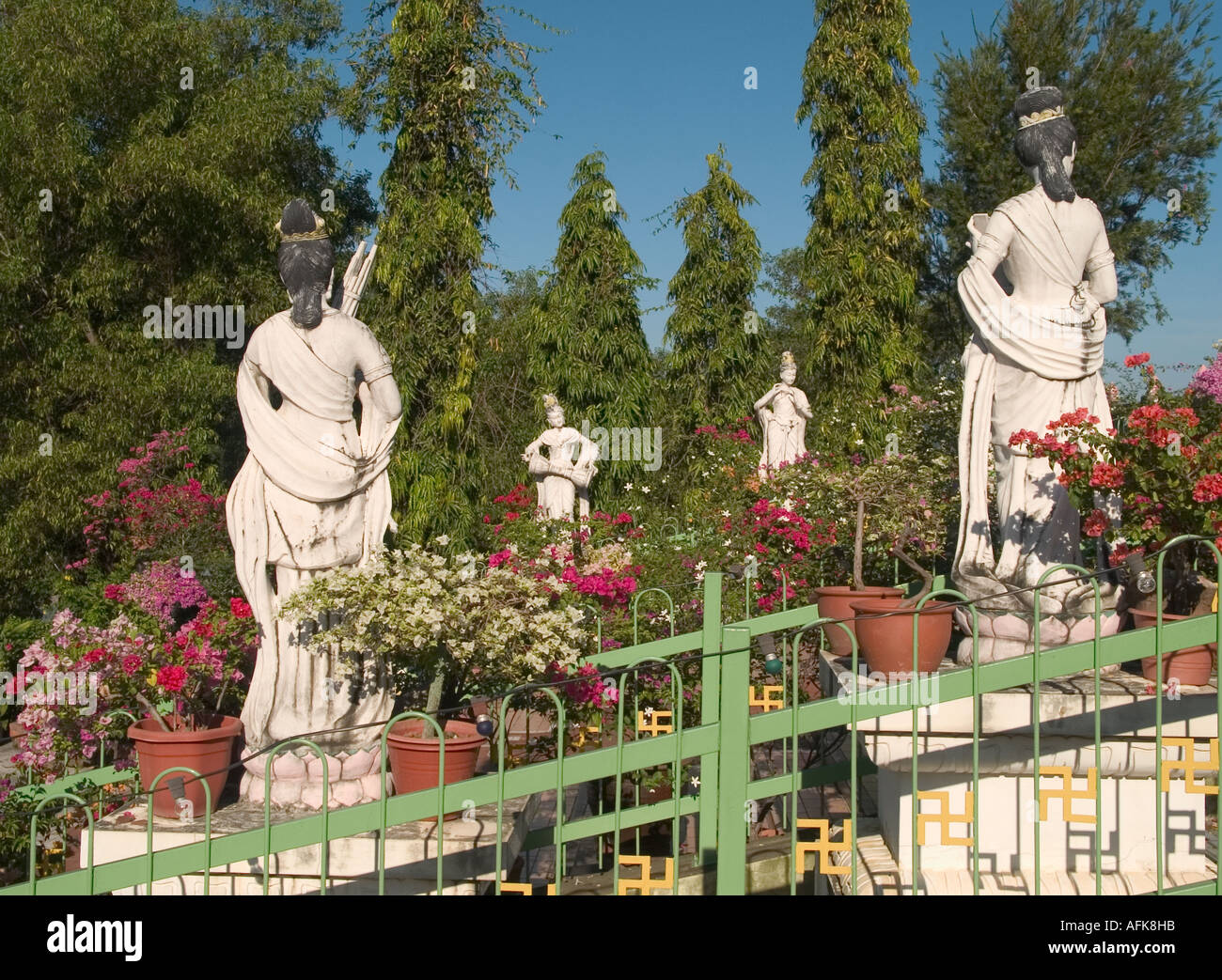 STATUES LINE STEPS LEADING TO CHINESE TEMPLE, KOTA KINABALU, SABAH ...