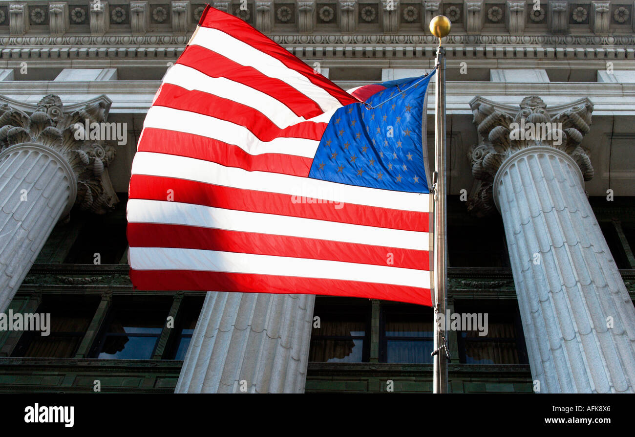 American flag with columns of Northwestern Mutual building Milwaukee ...
