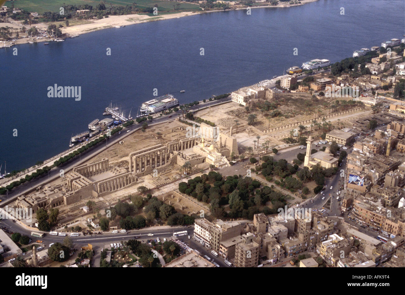 Aerial view of the Temple of Luxor and the River Nile near Luxor Egypt ...