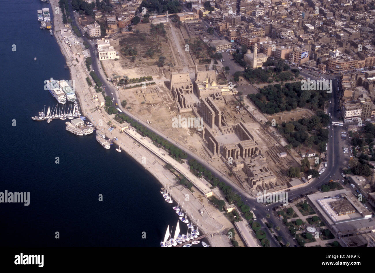 Aerial view of the Temple of Luxor and the River Nile near Luxor Egypt ...